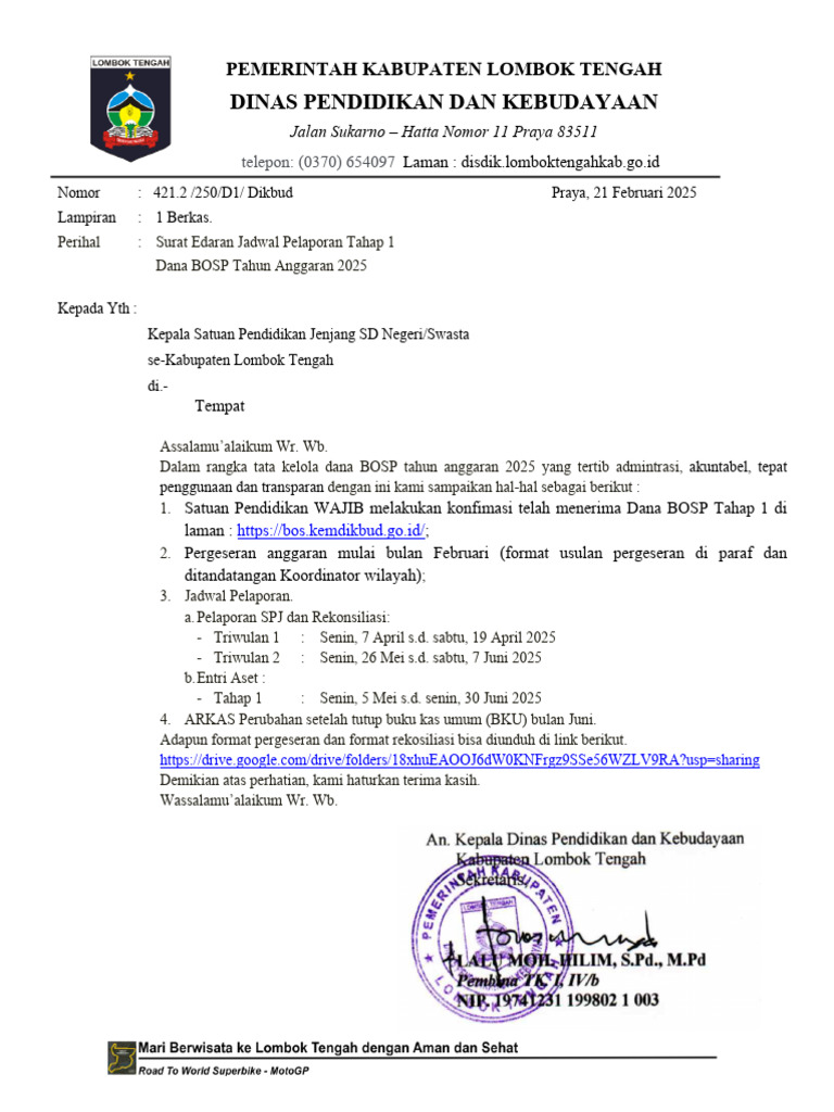 Surat Edaran Jadwal Pelaporan Dana BOSP Tahap 1 Tahun 2025 - OK | PDF
