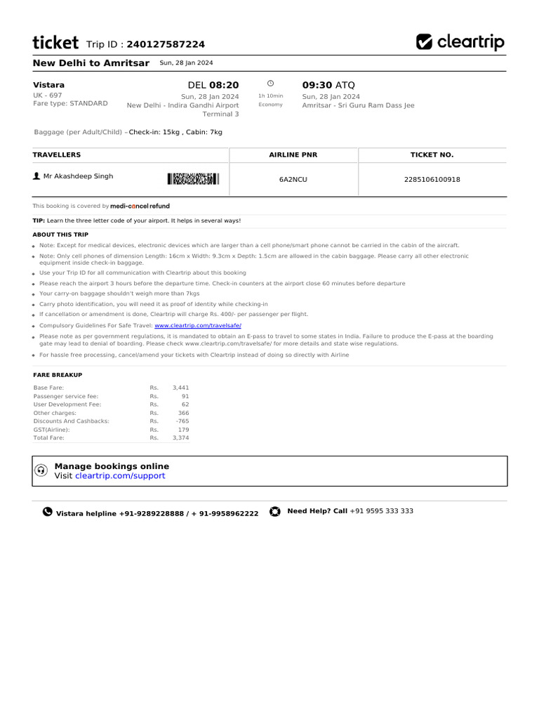 Vistara Flight Booking Details | PDF | Aviation | Transport