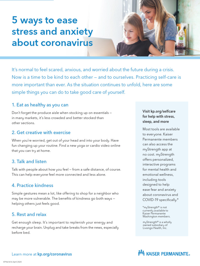 Kaiser Permanente COVID 19 Manage Stress Anxiety Flyer | PDF | Anxiety | Mental Health