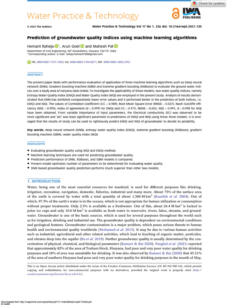 Prediction of groundwater quality indices using machine learning algorithms | PDF | Deep ...