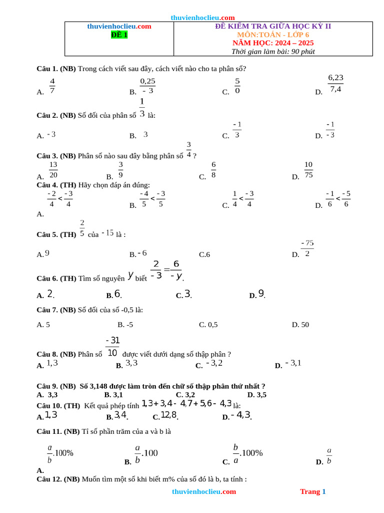 Thuvienhoclieu.com Bo 10 de Kiem Tra Giua HK2 Toan 6 CTM 2025 Co Dap an Ma Tran Dac Ta | PDF