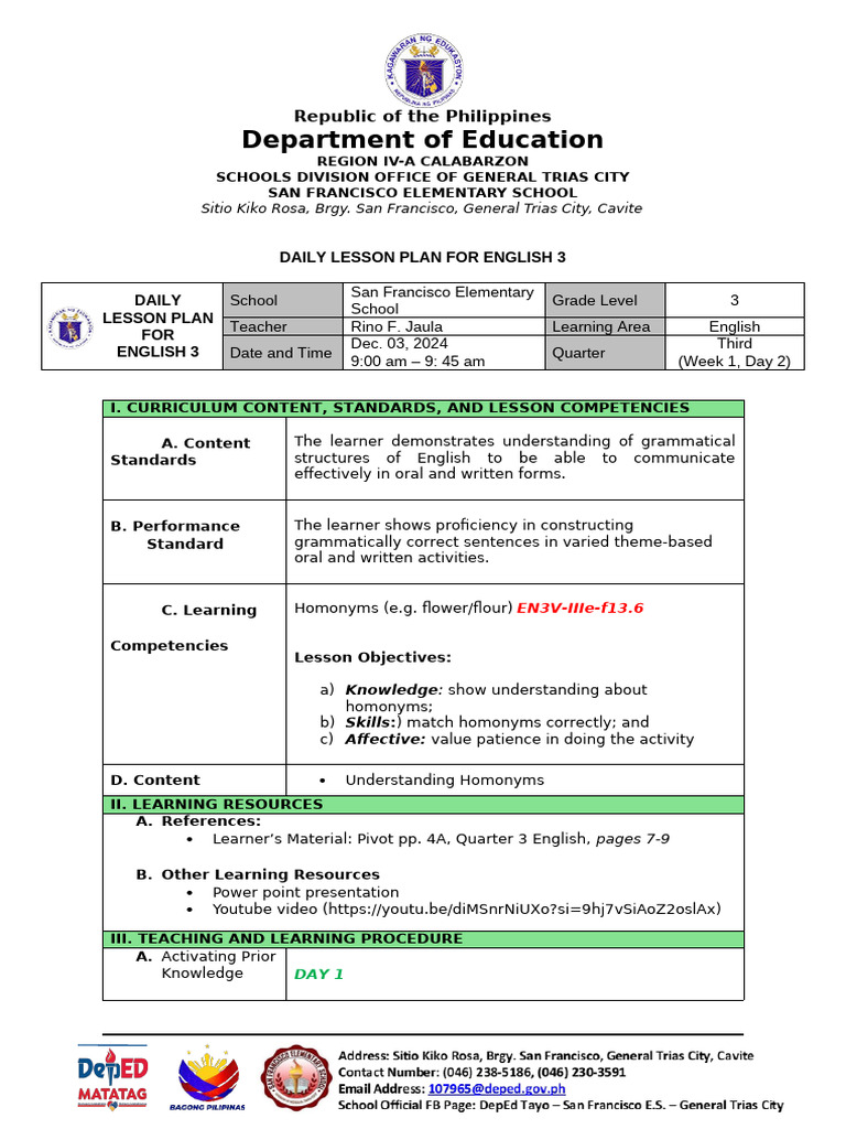 Dlp-Q3-W1-Day2 English3 Jaula Rino | PDF | Learning | Lesson Plan