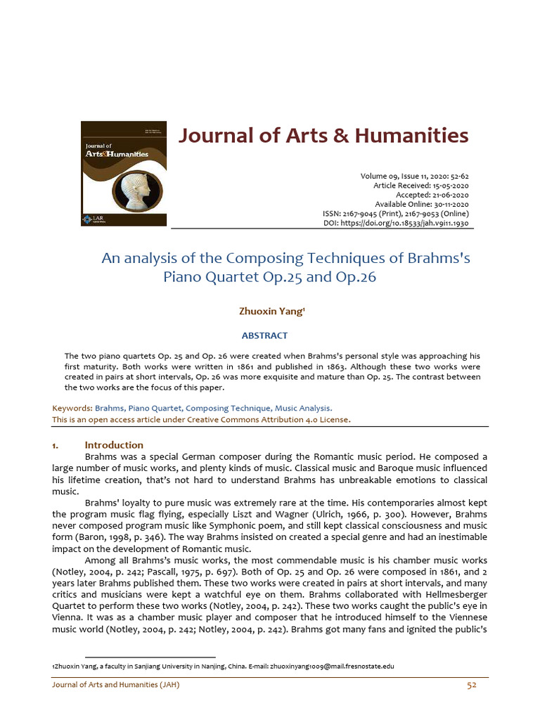 Journal of Arts & Humanities: An Analysis of The Composing Techniques of Brahms's Piano Quartet ...