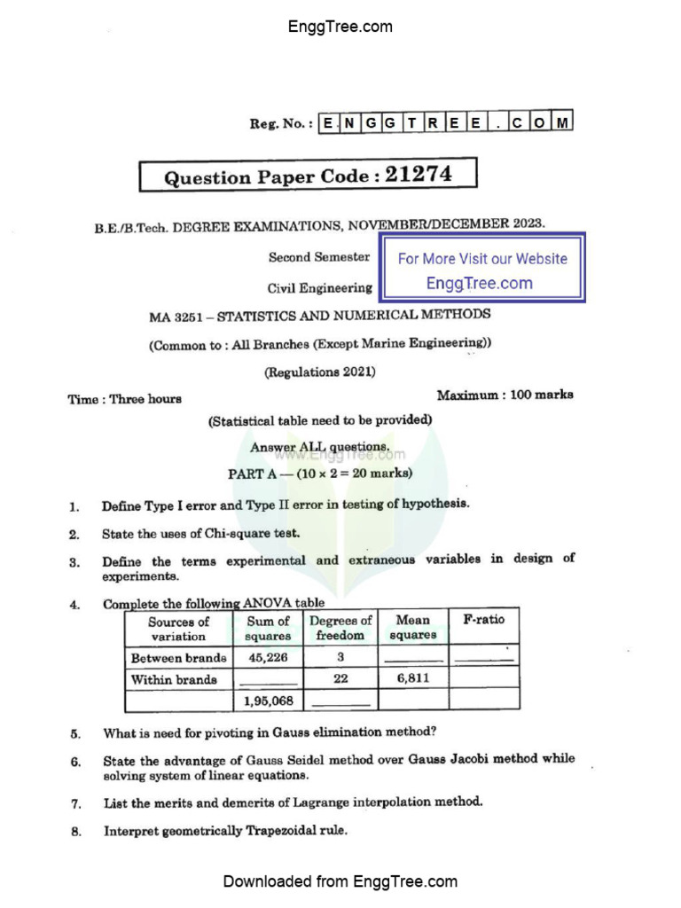 MA3251 Statistics and Numerical Methods Nov Dec 2023 Question Paper ...