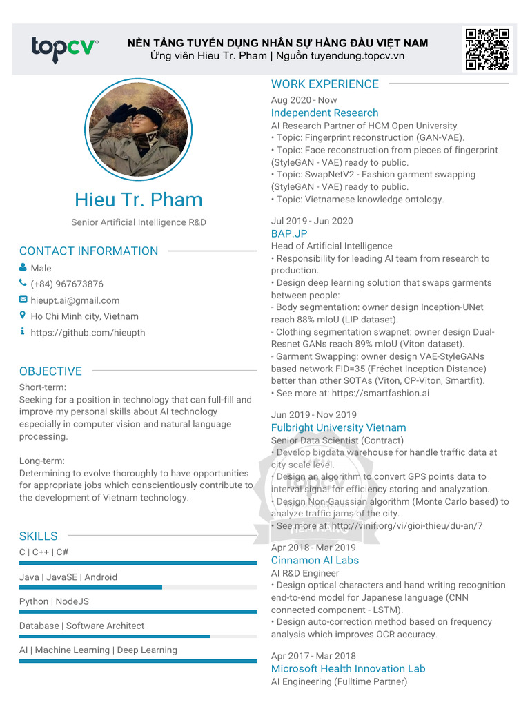 Hieu TR Pham TopCV - VN 280421.115139 | PDF | Artificial Intelligence | Intelligence (AI ...