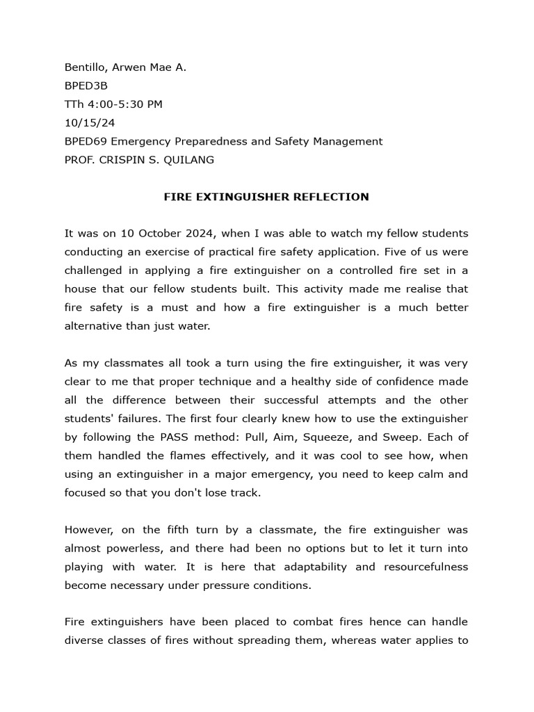 Fire Extinguisher Safety Reflection | PDF