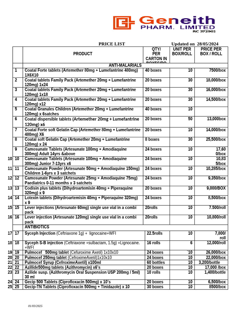 GPL PRICE LIST updated May ,2024 | PDF | Drugs | Pharmacology