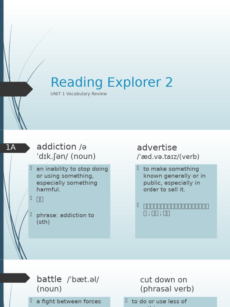 Vocabulary Review for Reading Explorer 2 | PDF | Verb | Adjective