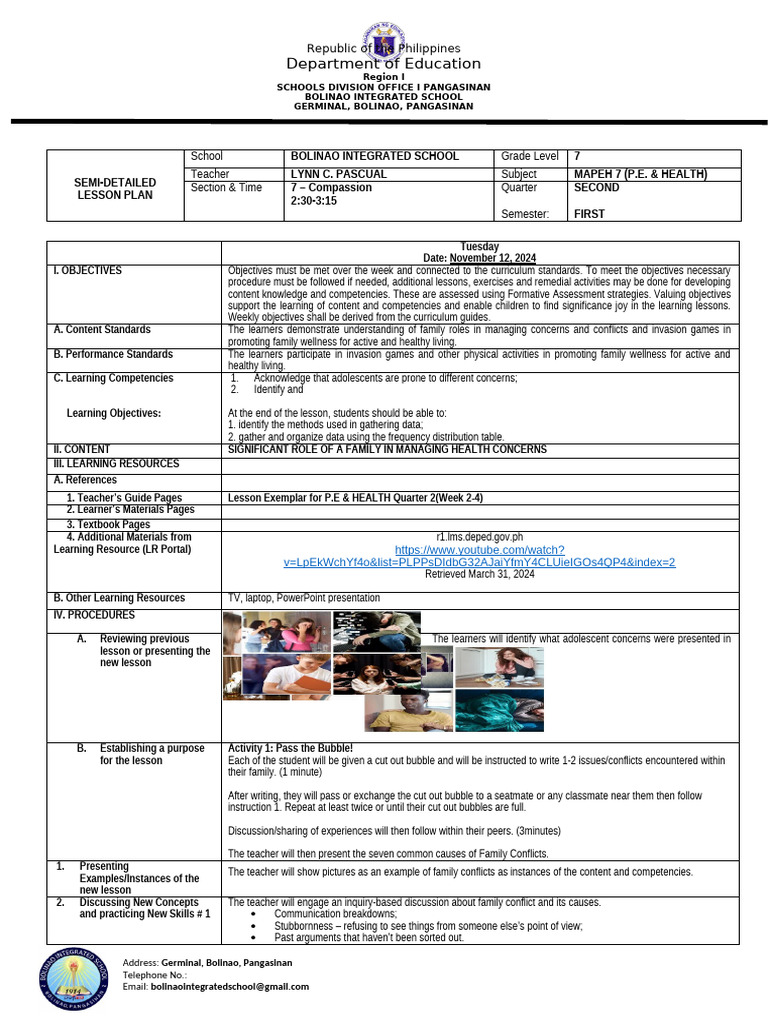 Grade 7 MAPEH Lesson Plan: Family Health | PDF