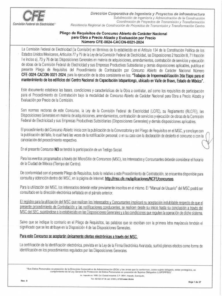 Pliego de Requisitos CFE-0024-CACON-0021-2024 | PDF
