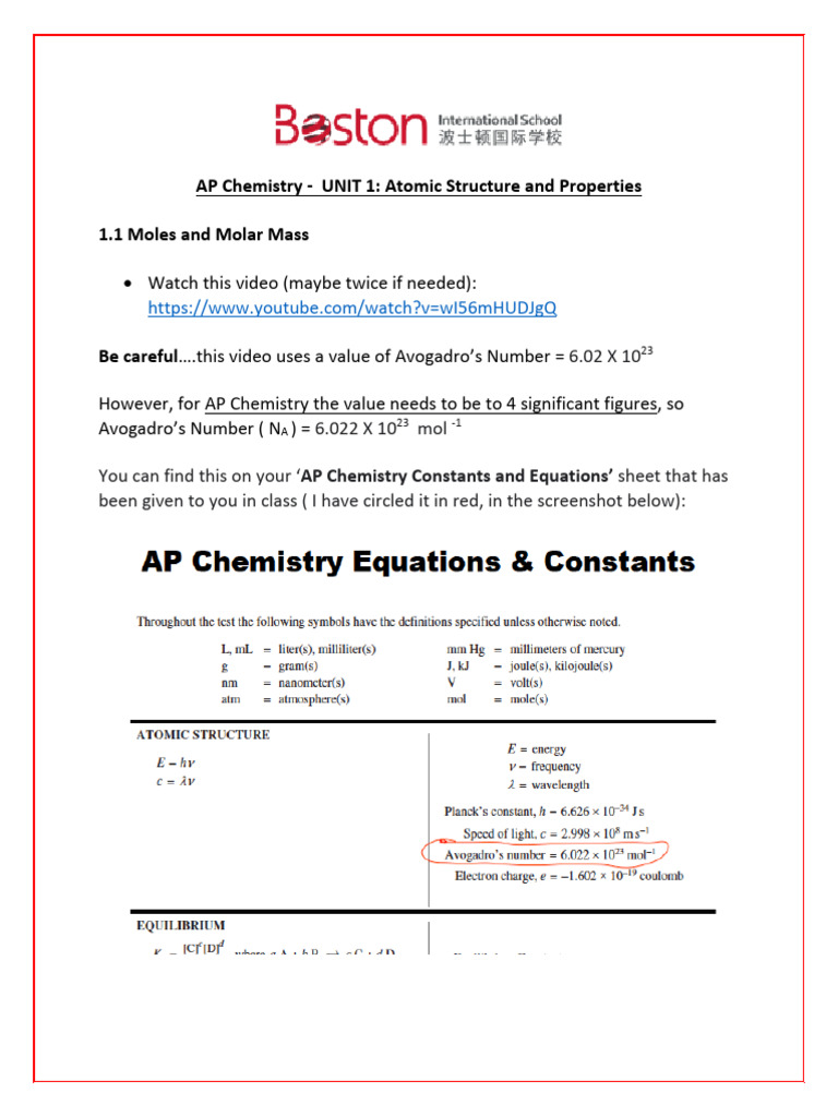 AP Chemistry: Moles and Molar Mass Guide | PDF | Mole (Unit) | Sulfur ...