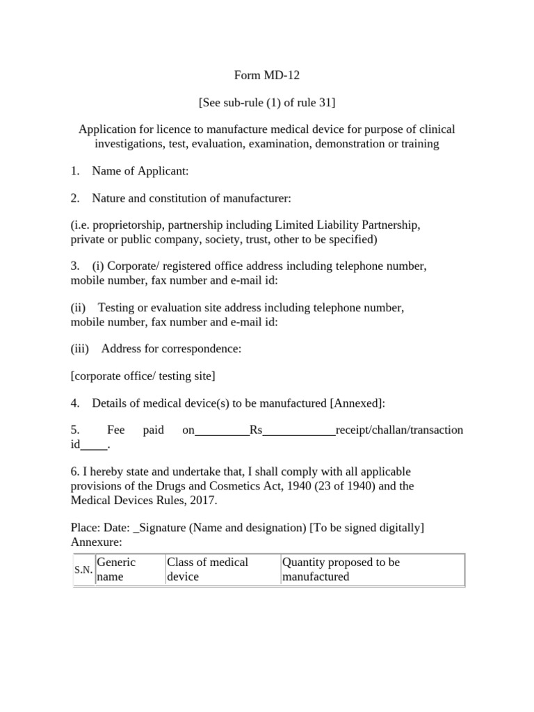MD-12 Application for Device License | PDF