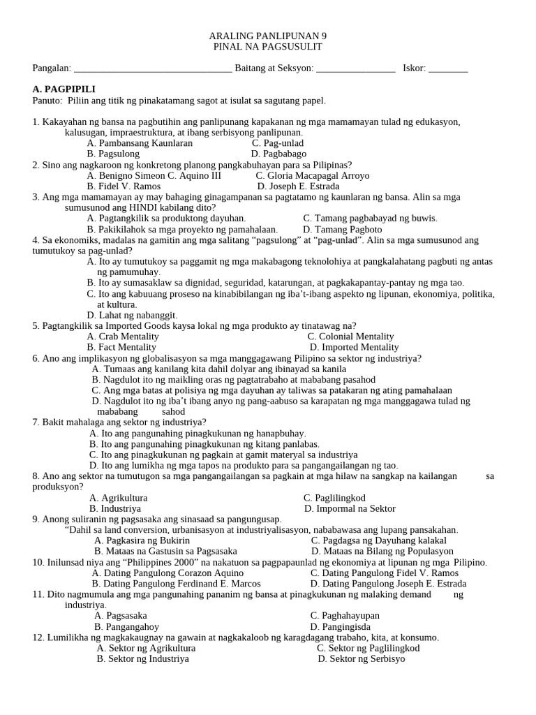 SUMMATIVE QUIZ AP9 | PDF