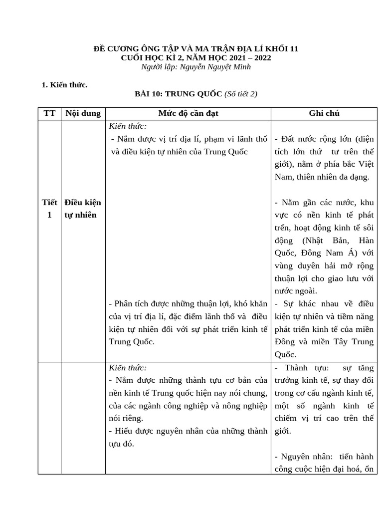 De Cuong On Tap Kiem Tra Cuoi Hkii Dia 11 | PDF