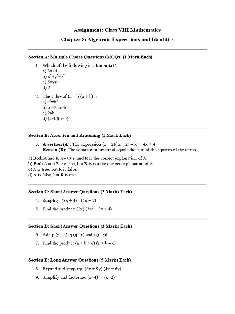 VIII MATH CH 08 Assignment-1 | PDF