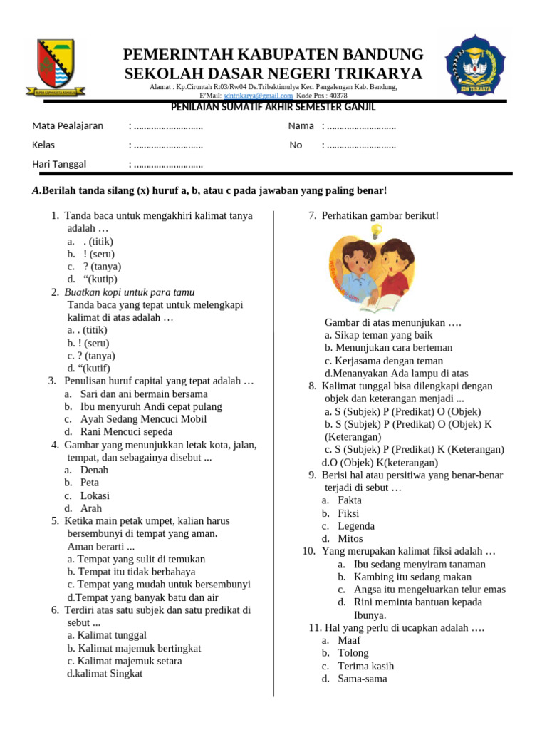 SOAL SAS BHS INDONESIA KELAS 3 SEMESTER 1 | PDF
