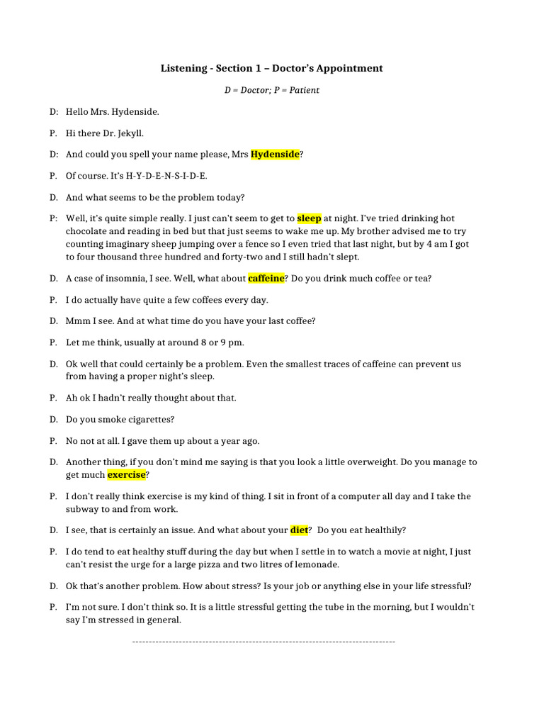 Section 1 - Doctors Appointment - Transcript and Answer Key (1) | PDF | Sleep | Insomnia
