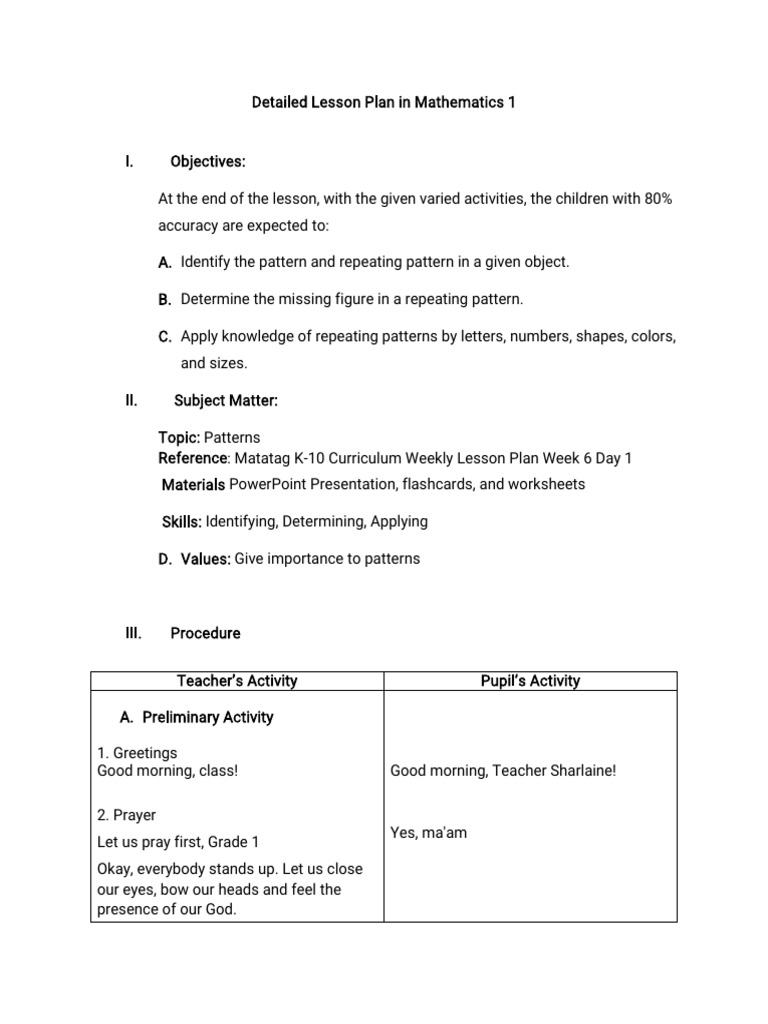 Detailed Lesson Plan in Math 1 Repeating Patterns | PDF | Shape ...