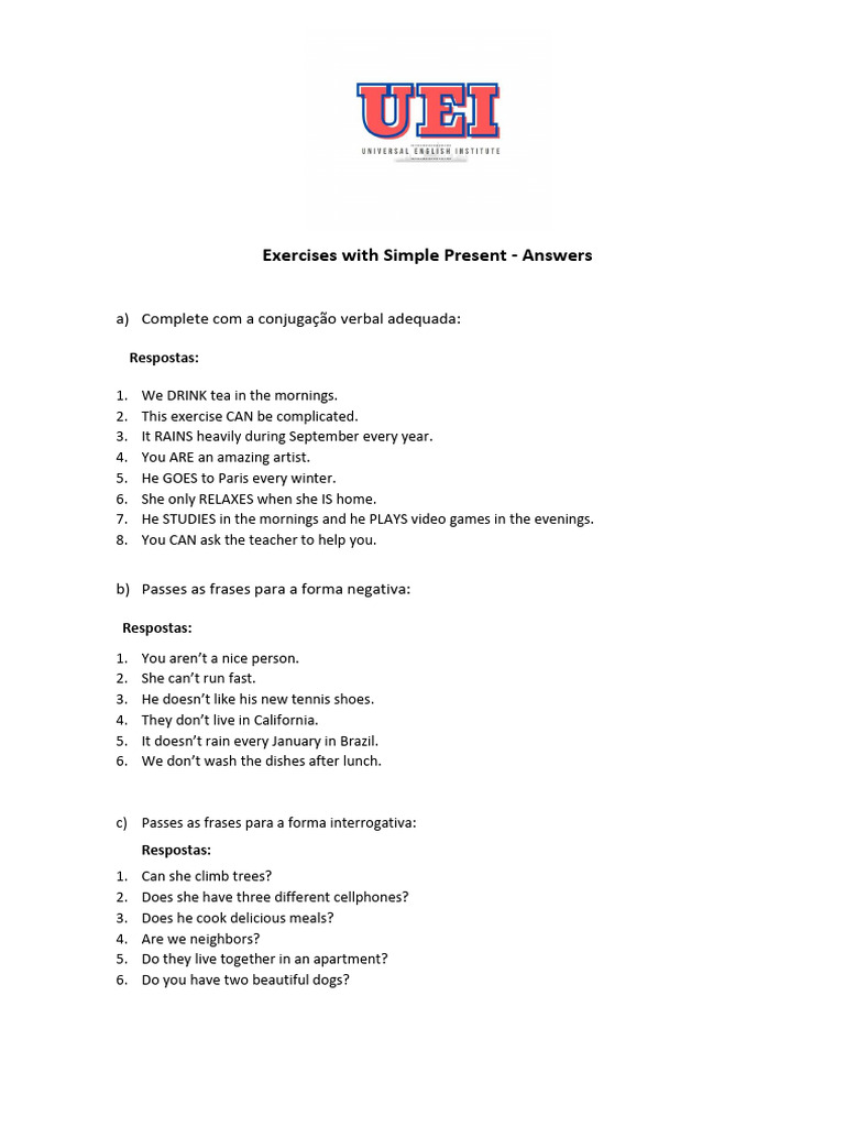 Simple Present Exercises Answers | PDF