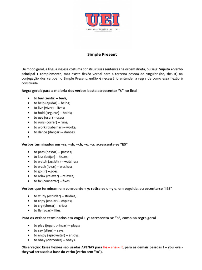 Flexões do Simple Present em Inglês | PDF | Assunto (gramática ...