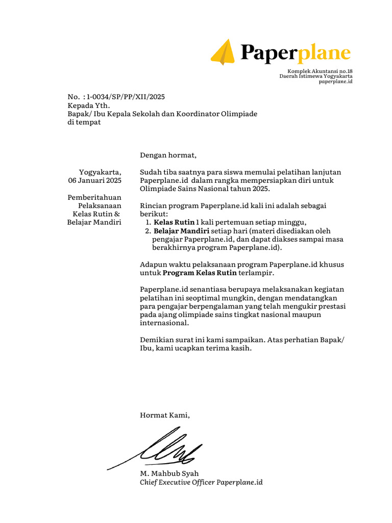 Surat Pemberitahuan Pelaksanaan Program Paperplane - Id | PDF