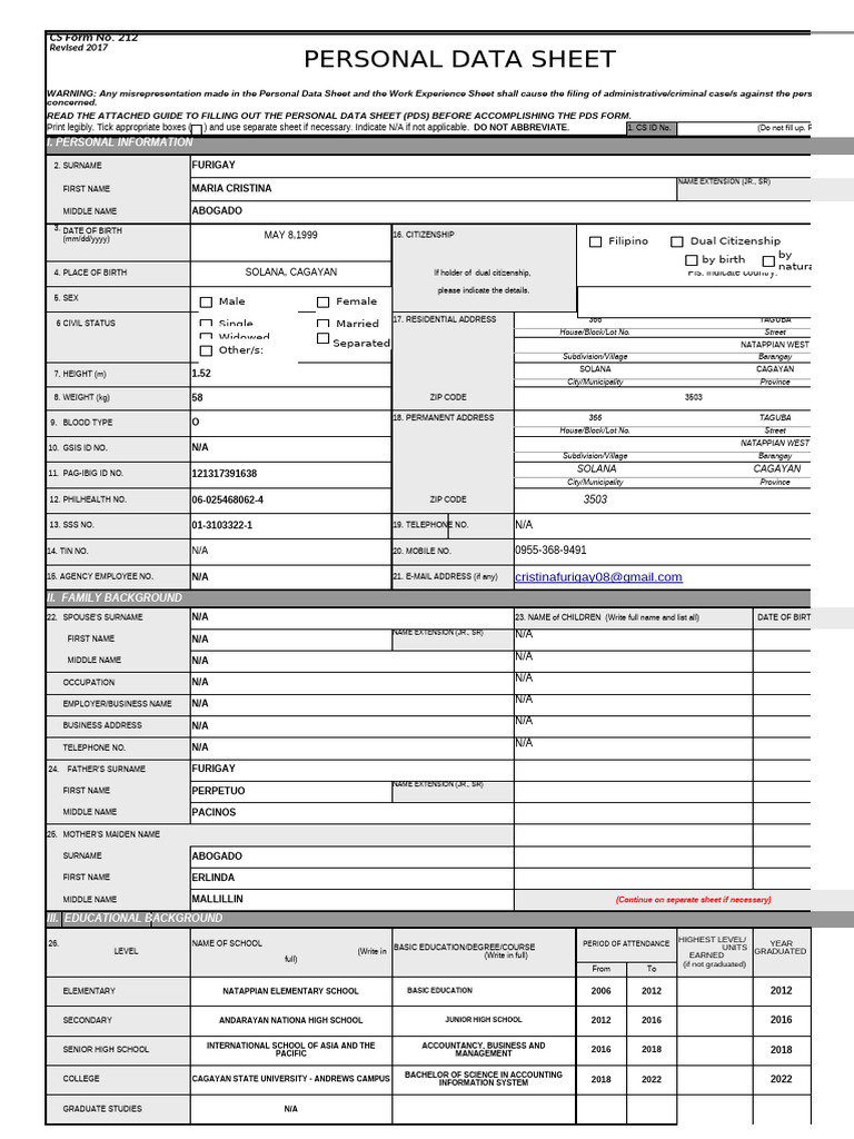 CS Form No. 212 Personal Data Sheet Revised (1) | PDF | Identity ...