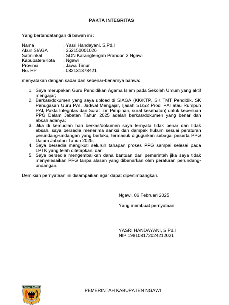 Contoh Isian Pakta Integritas Dan Surat Pernyataan Izin Kepsek PPG Pai 2025 | PDF