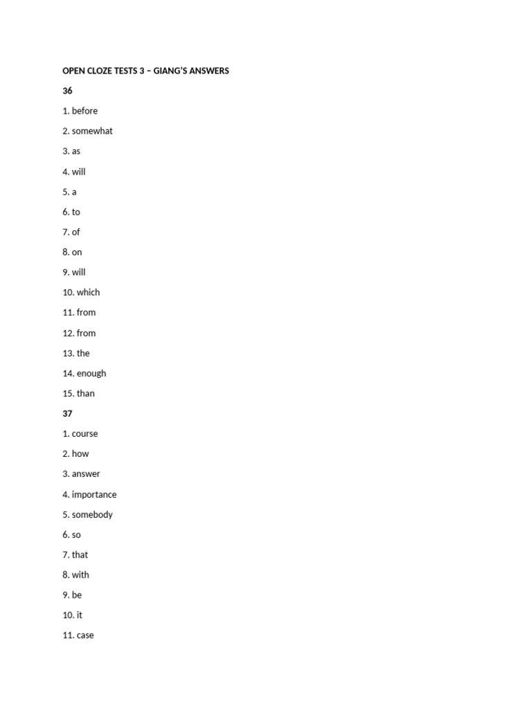 Giang's Open Cloze Test Answers | PDF