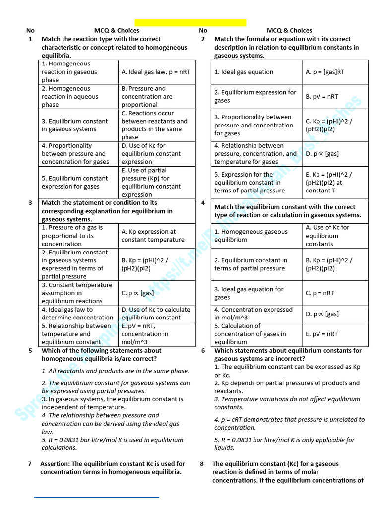 42 MCQs _ Homogeneous Equilibria | PDF | Chemical Equilibrium | Gases
