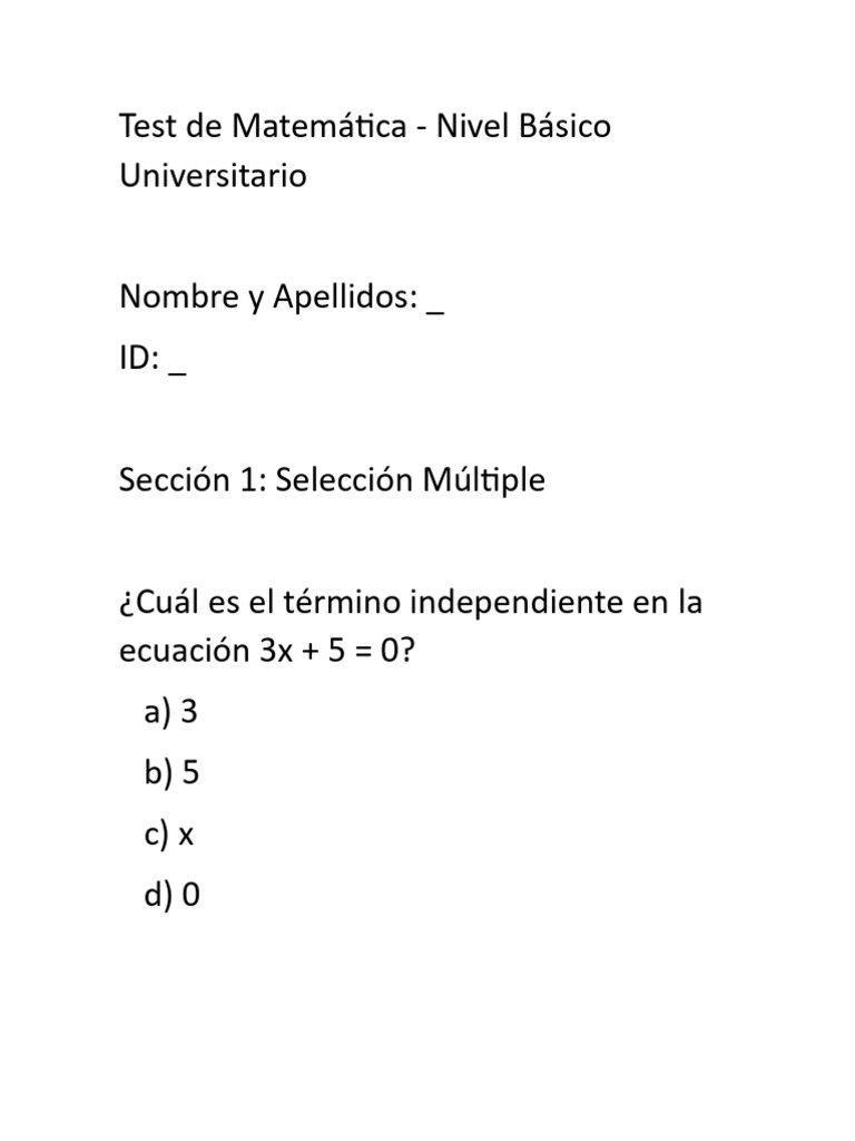 Test de Matemáticas: Nivel Básico Universitario | PDF | Ecuaciones ...
