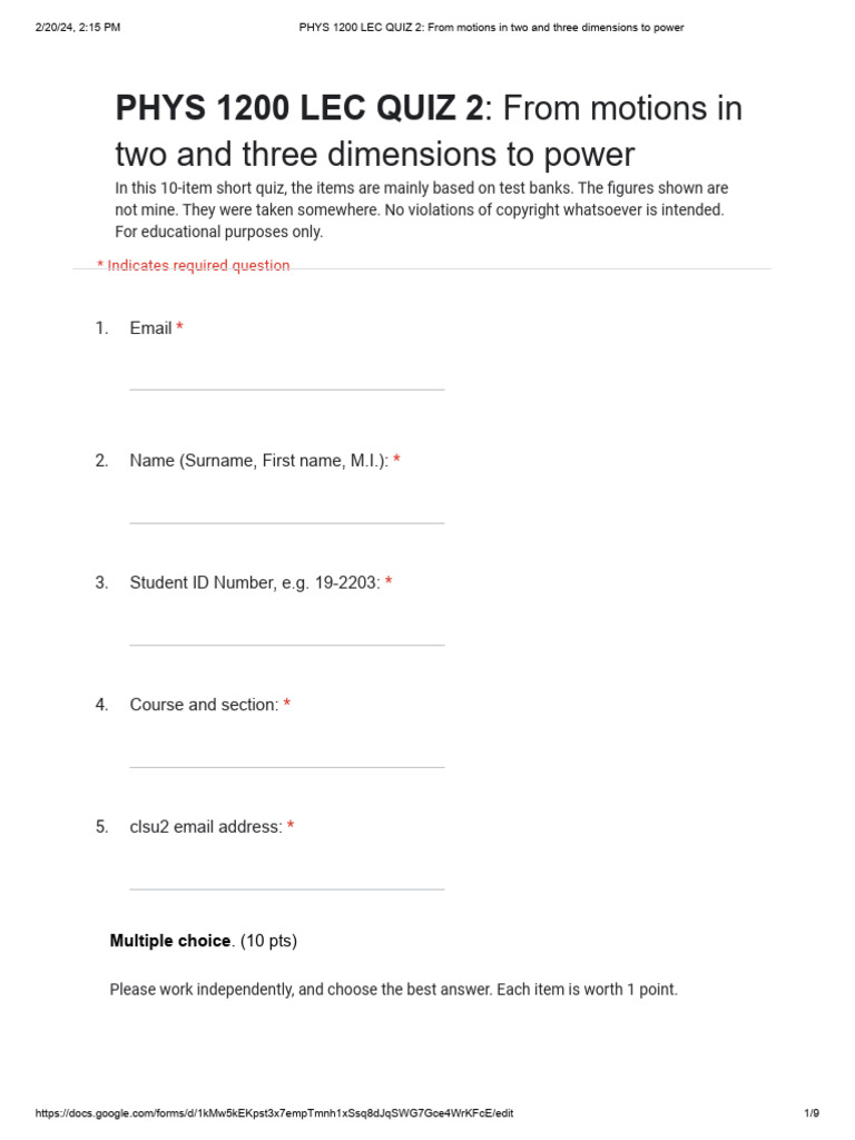 Phys 1200 Lec Quiz 2 (2022) - Google Forms | PDF | Tension (Physics ...