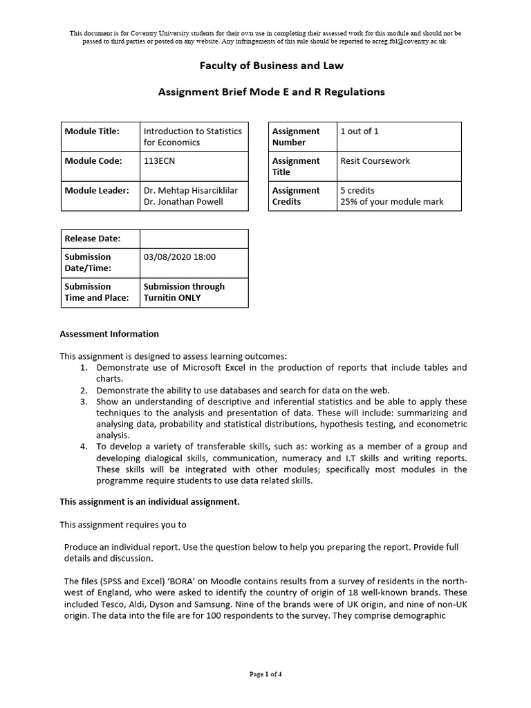 113ECN Resit and Deferral Coursework Brief 2020 | PDF | Null Hypothesis ...
