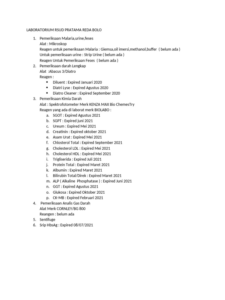 Laboratorium Rsud Pratama Reda Bolo | PDF