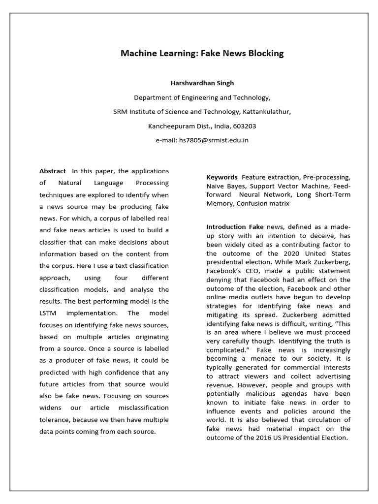 Machine Learning Fake News Blocking | PDF | Support Vector Machine ...