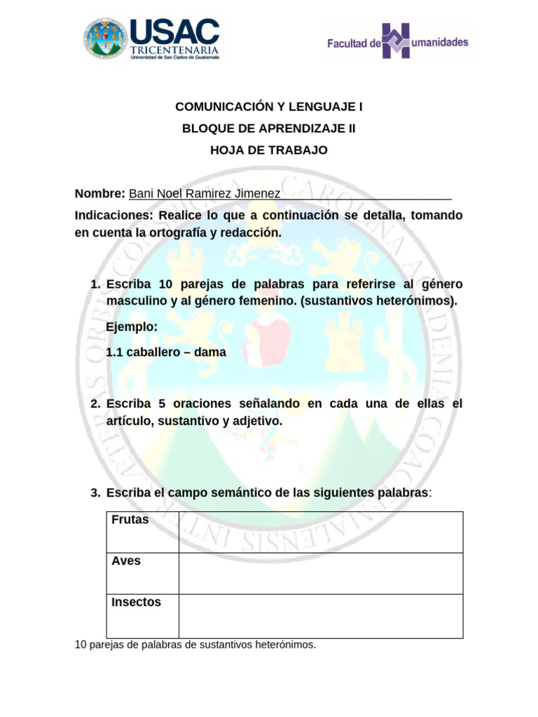 Hoja de Trabajo: Comunicación y Lenguaje | PDF