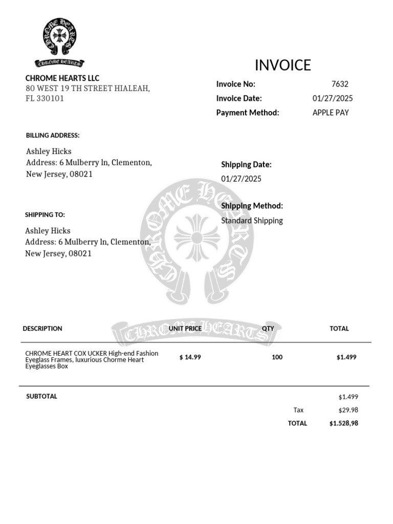 Chrome Hearts Invoice for Eyeglass Frames | PDF