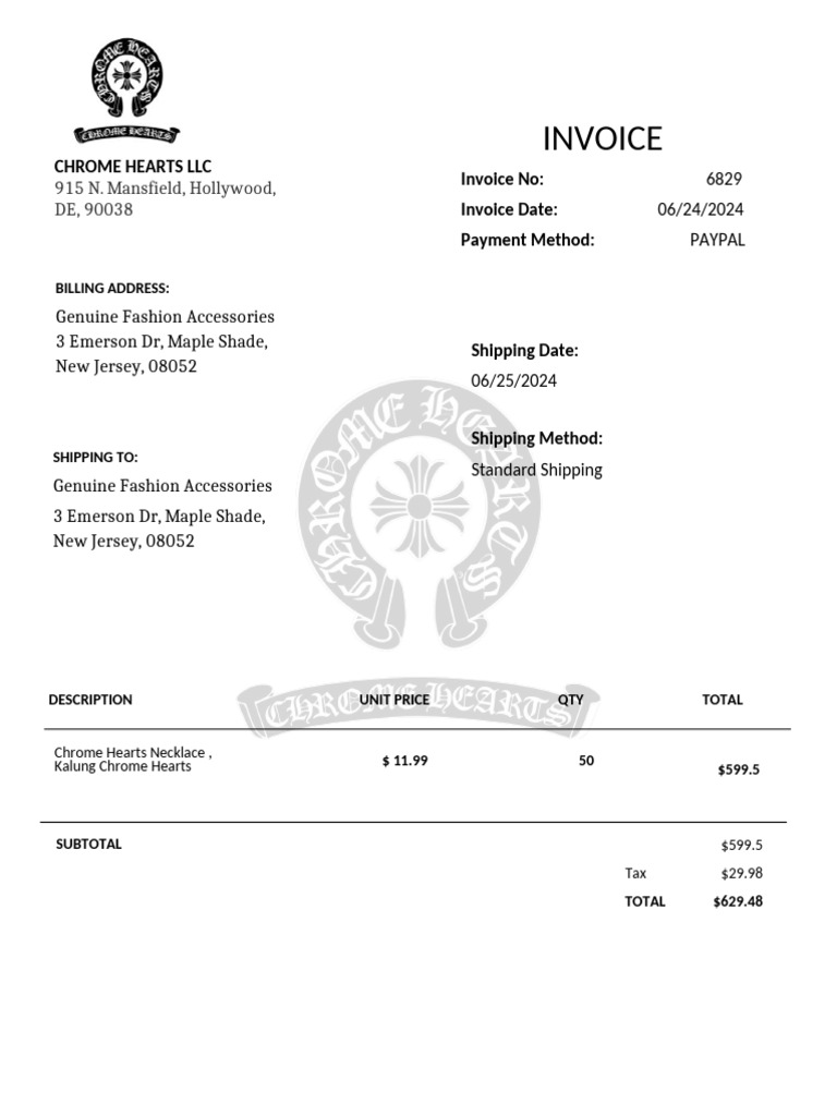 Chrome Heart Invoice | PDF