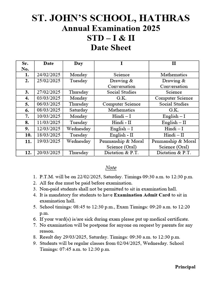 Annual Examination Date Sheet 2025 | PDF