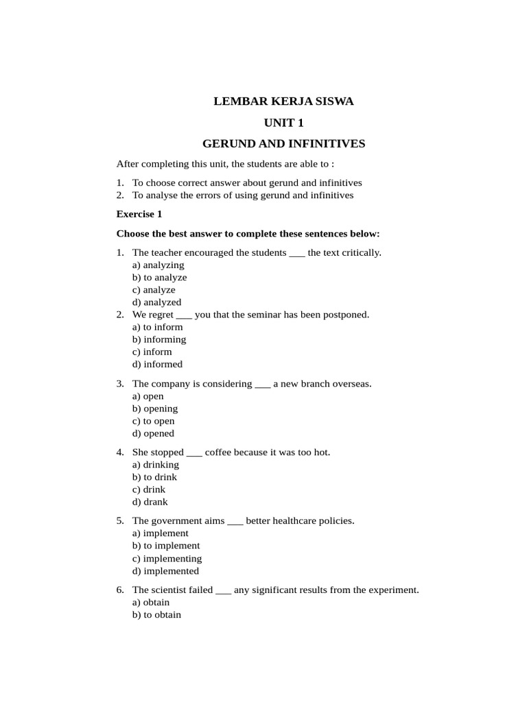 LEMBAR KERJA SISWA (Gerund and Infinitives) Adv Grammar | PDF | Cognition | Cognitive Science