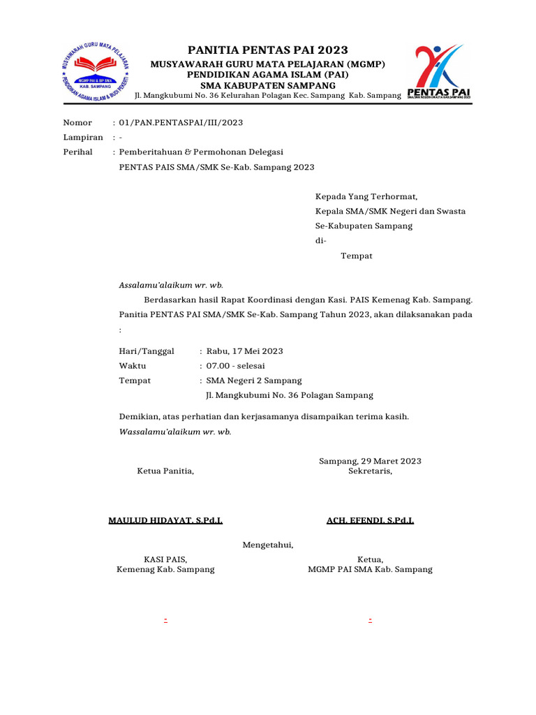 2 Surat Pemberitahuan Dan Undangan TM Pentas Pais 2023 | PDF