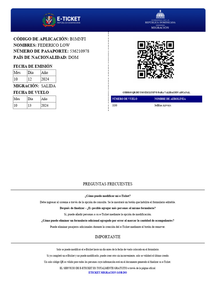 Código de Aplicación e-Ticket B1MNFI | PDF