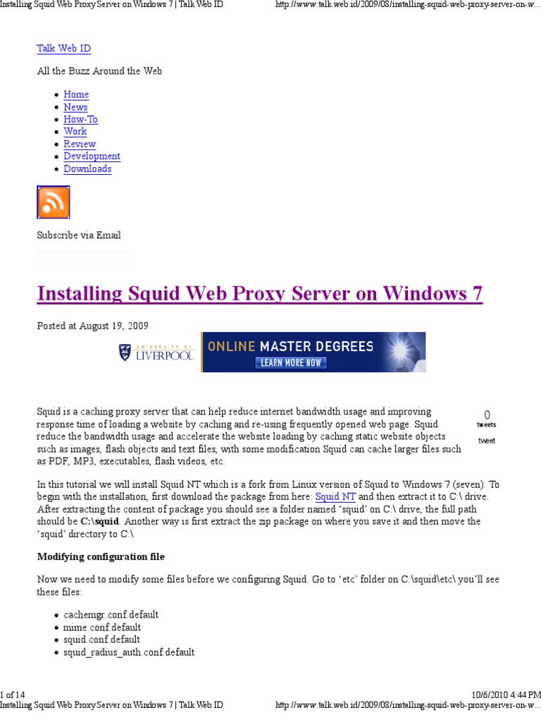 Installing Squid Web Proxy Proxy Server Windows 7