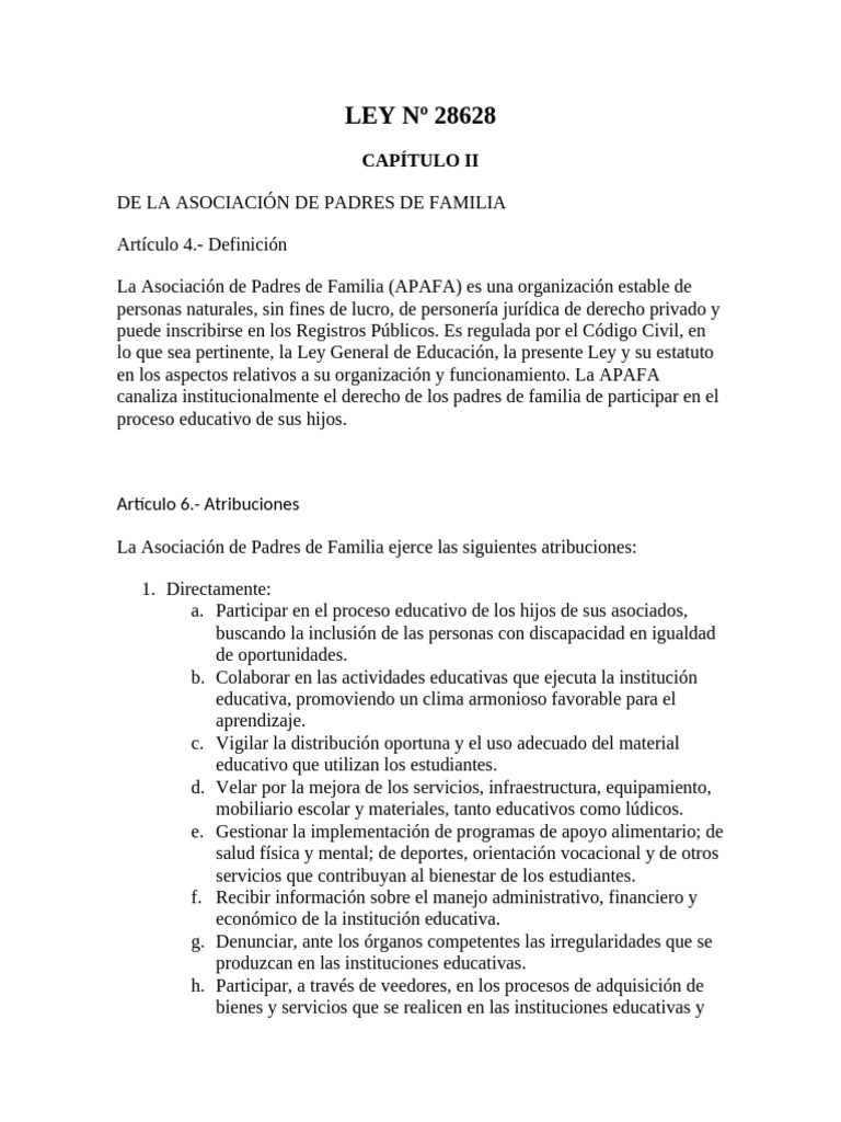 Ley #28628 Funciones de Apafa y Conei 2025 | PDF | Institución | Maestros