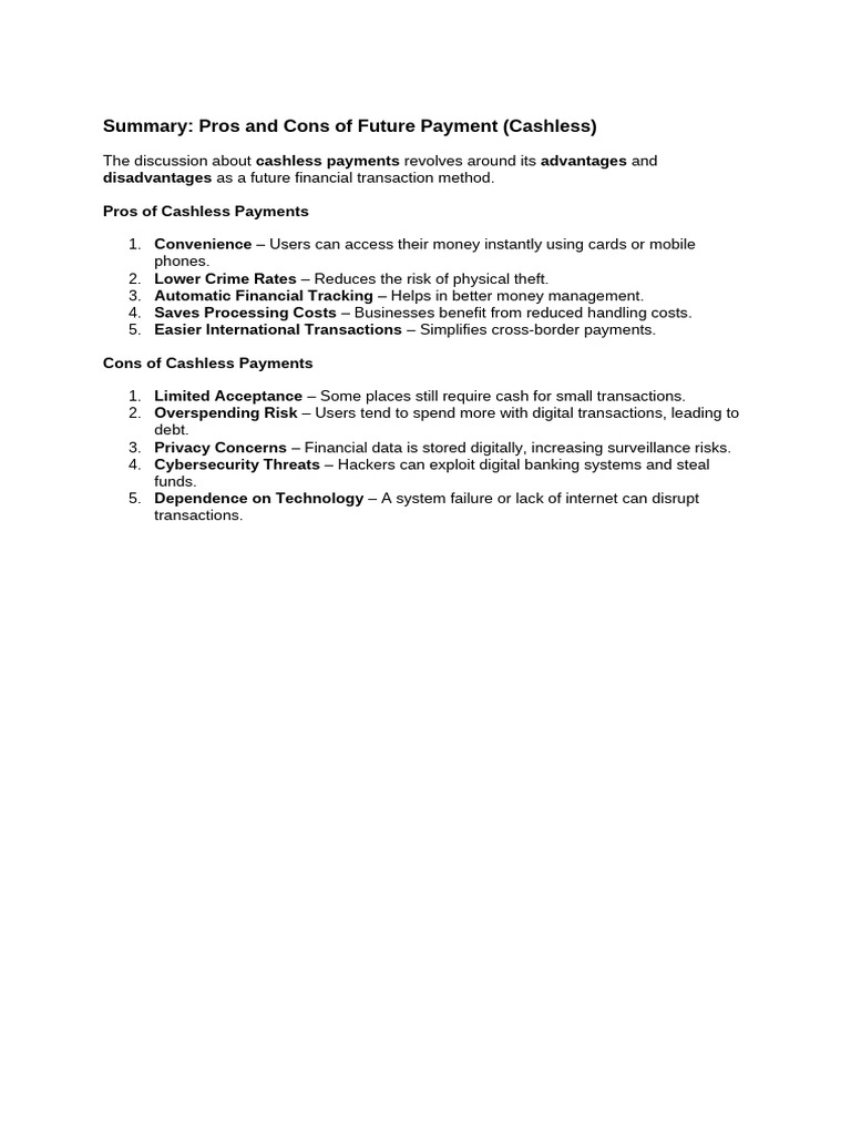 Summary - Pros and Cons of Future Payment (Cashless) | PDF