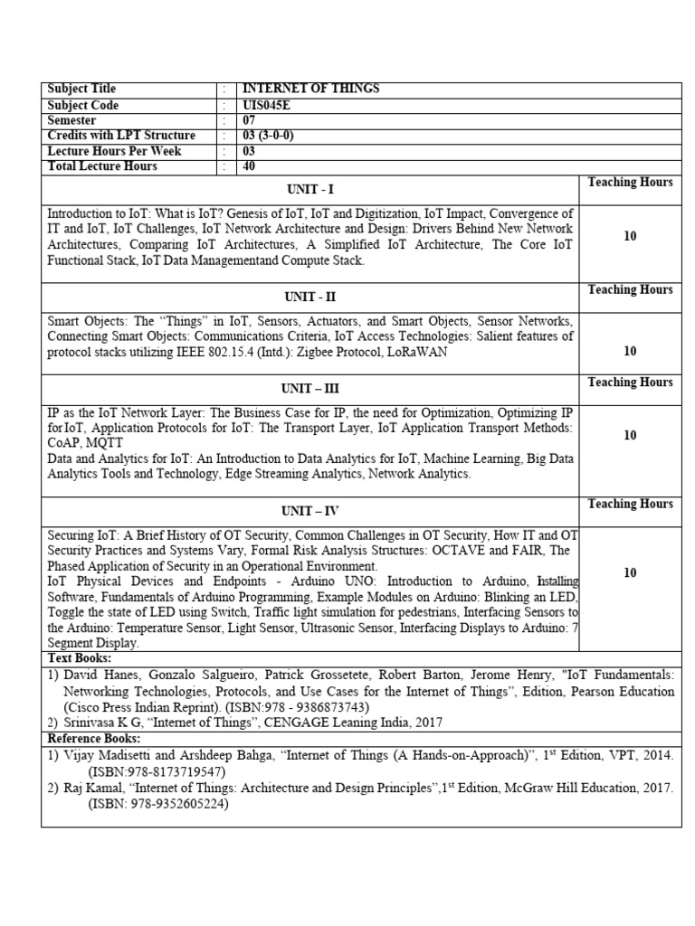 IoT (UIS045E) - 3Credits-Syllabus | PDF | Internet Of Things | Computer Network