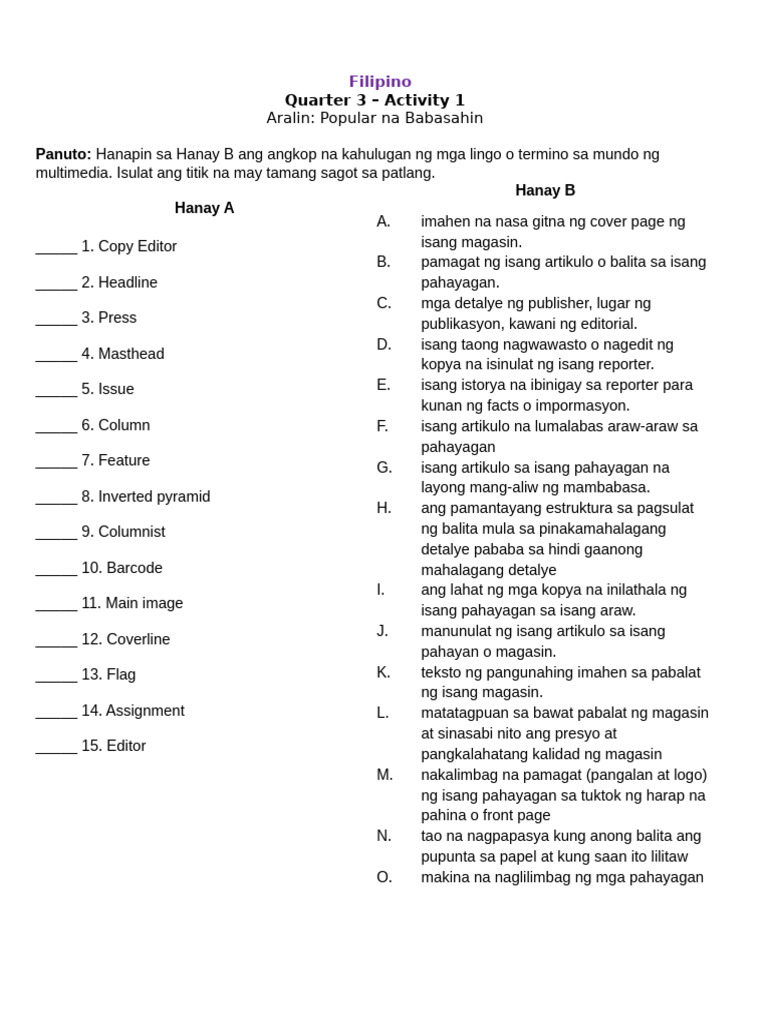 Filipino Q3 - Activities | PDF