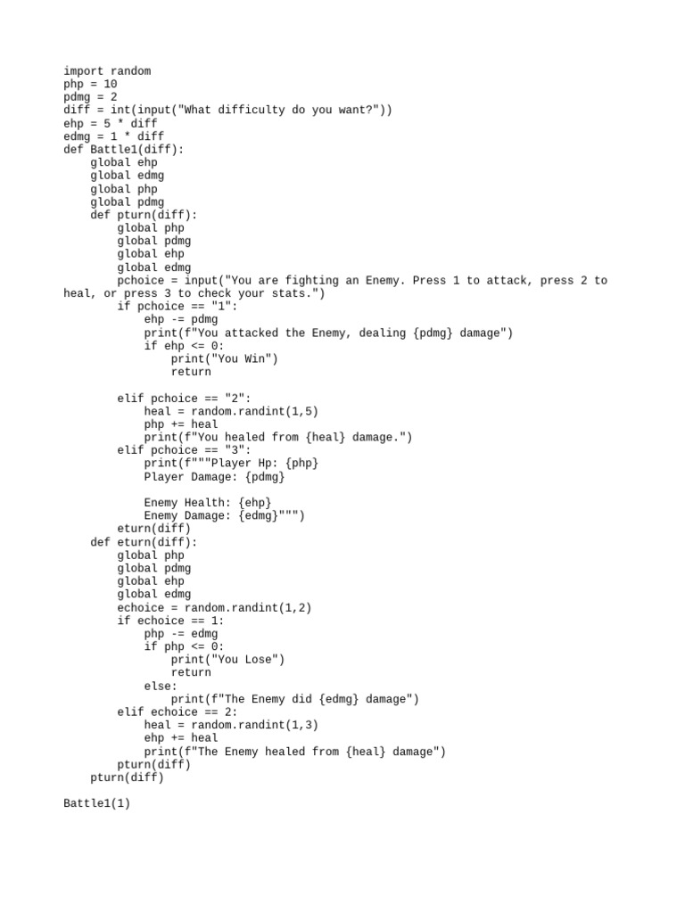 Python Text-Based Battle Game Code | PDF
