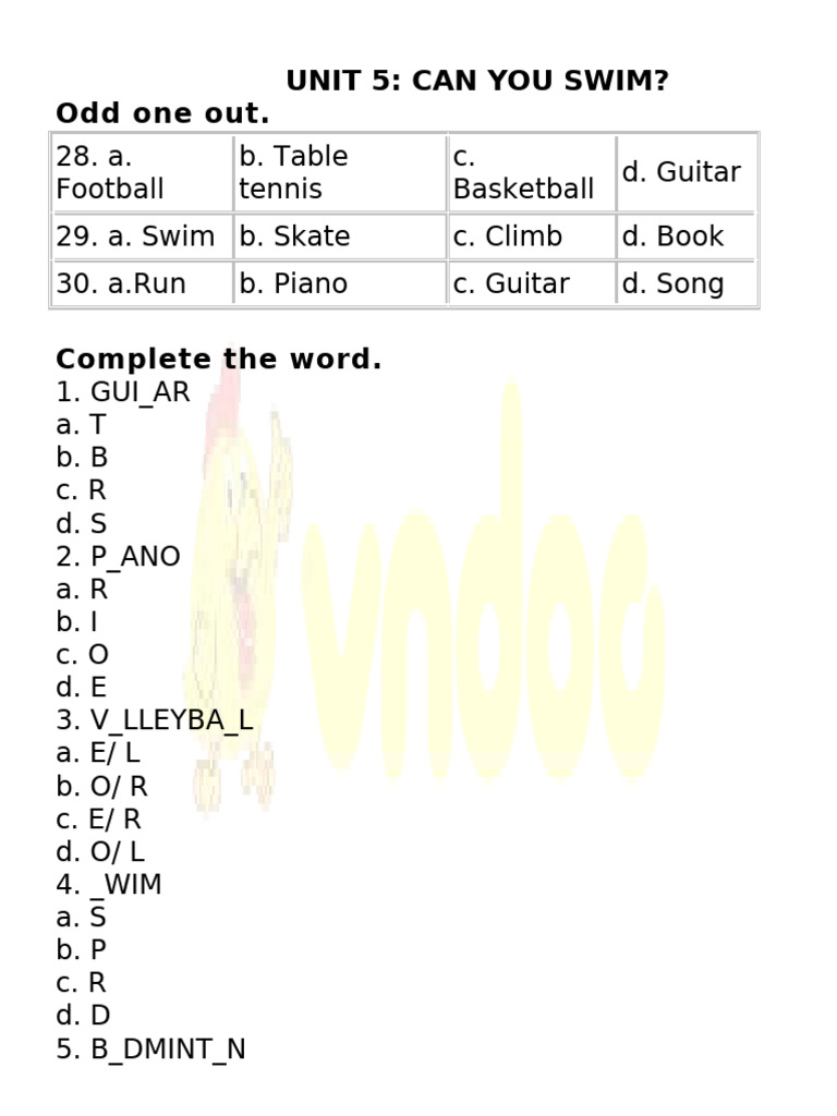 Unit 5 - Can You Swim Exercise 1 | PDF