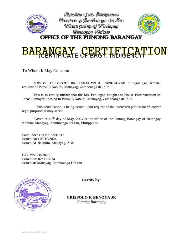 Barangay Certification - Transfer Electrification | PDF