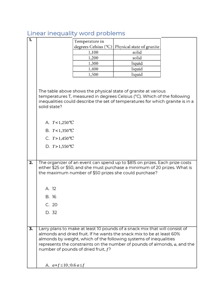 Linear Inequality Word Problems QB (DONE) | PDF | Equations | Celsius